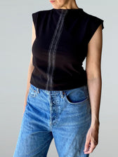 High Neck Sleeveless Knit Top with Stitched Center Lines