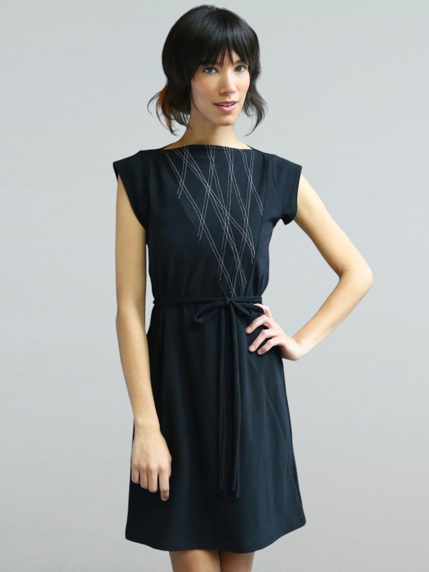 Cap Sleeve Jersey Dress, Triangle Dress with Waist Ties